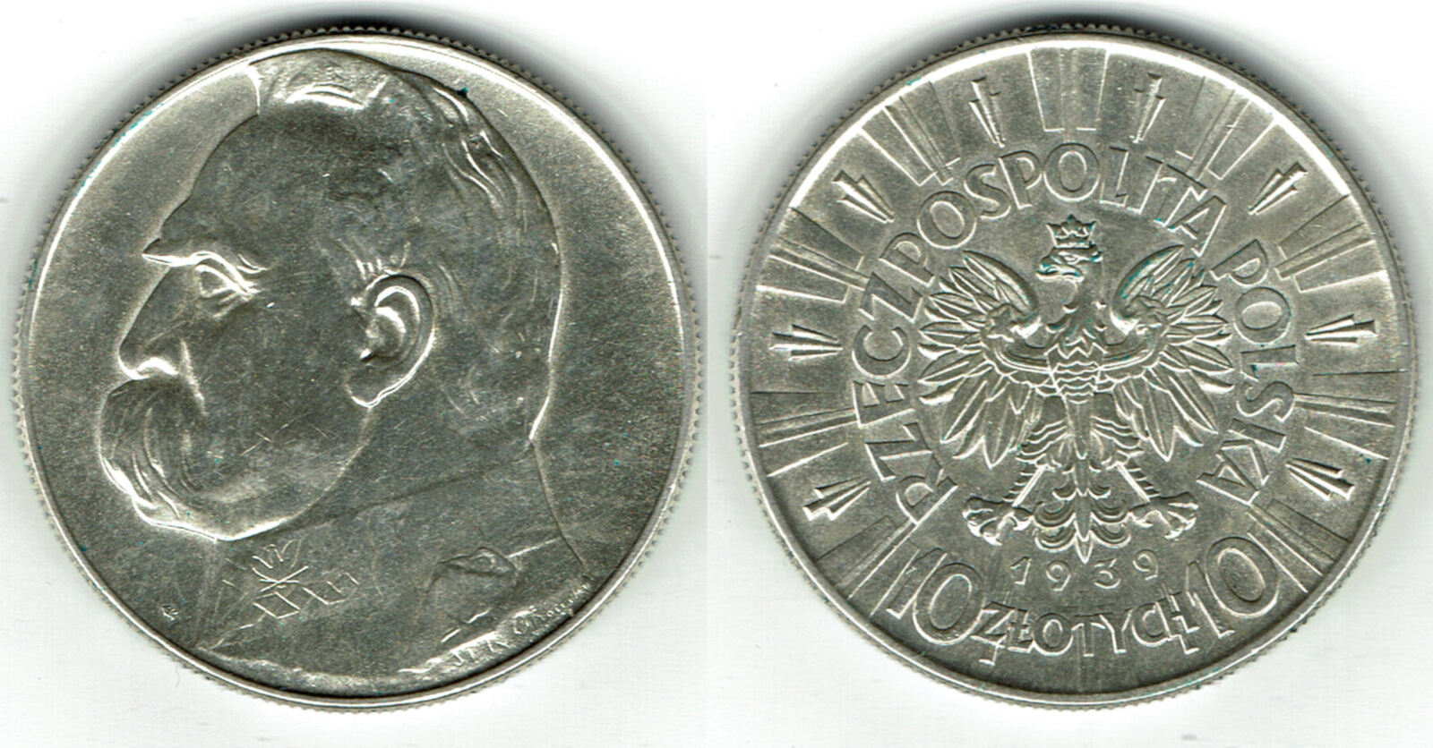 1939 Polen, Kursmünze 10 Zlotych 1938, Jozef Pilsudski! Erhaltung siehe Scan sehr schön bis ...