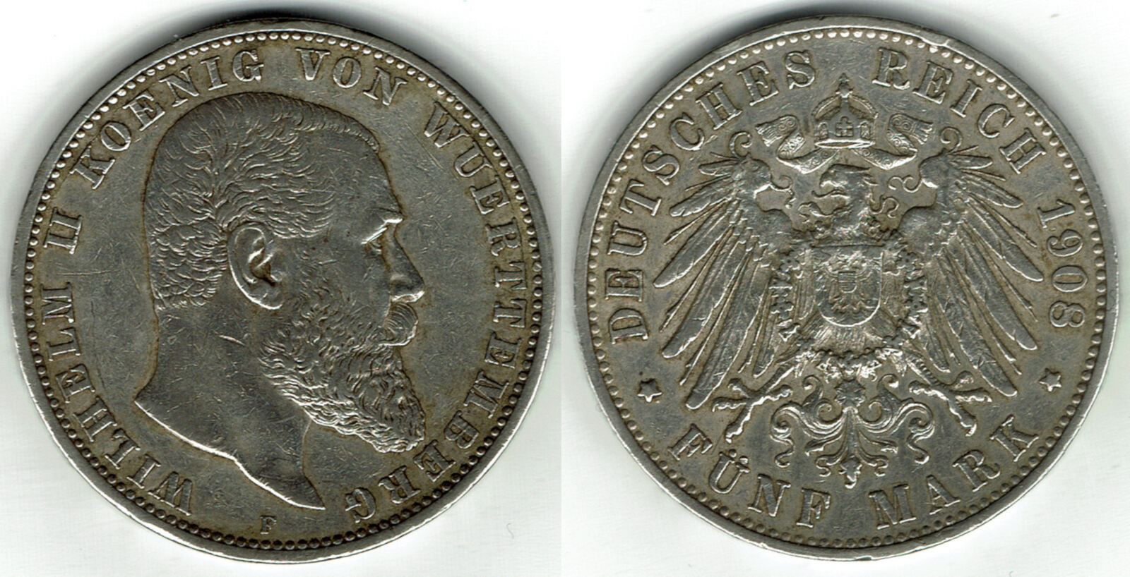 5 Mark Kaiserreich, Württemberg 1908 F, Wilhelm II., Erhaltung siehe Scan! sehr schön, kl ...