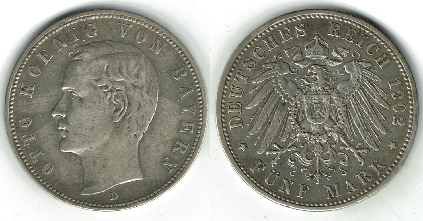 Kaiserreich - Bayern Deutsches Kaiserreich, Bayern, König Otto, 5 Mark 1902 D, Silber! sehr ...