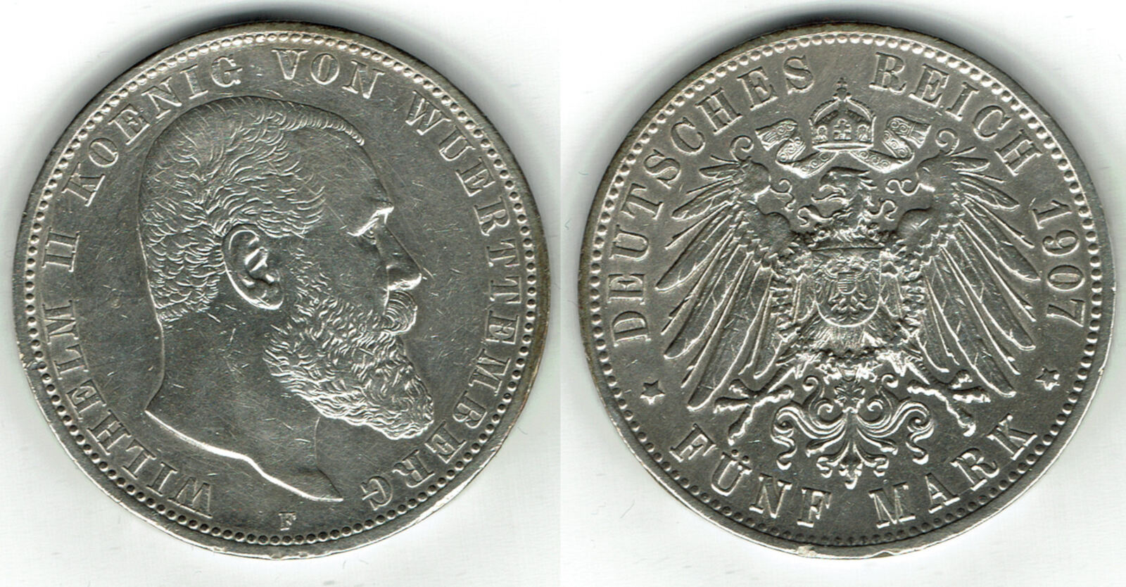 5 Mark Kaiserreich, Württemberg 1907 F, Wilhelm II., Erhaltung siehe Scan! sehr schön, berieben ...