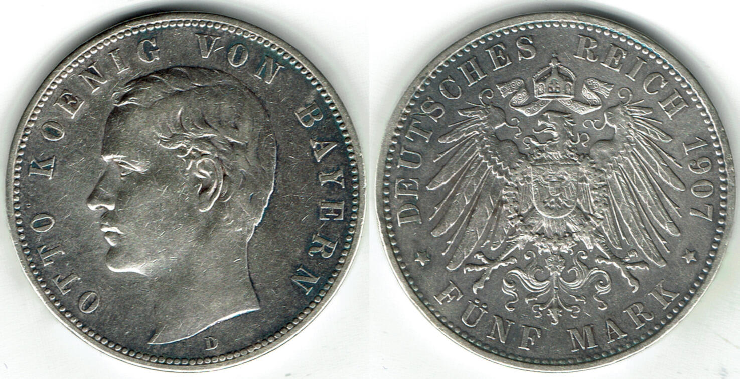 Kaiserreich - Bayern Deutsches Kaiserreich, Bayern, König Otto, 5 Mark 1907 D, Silber! sehr ...