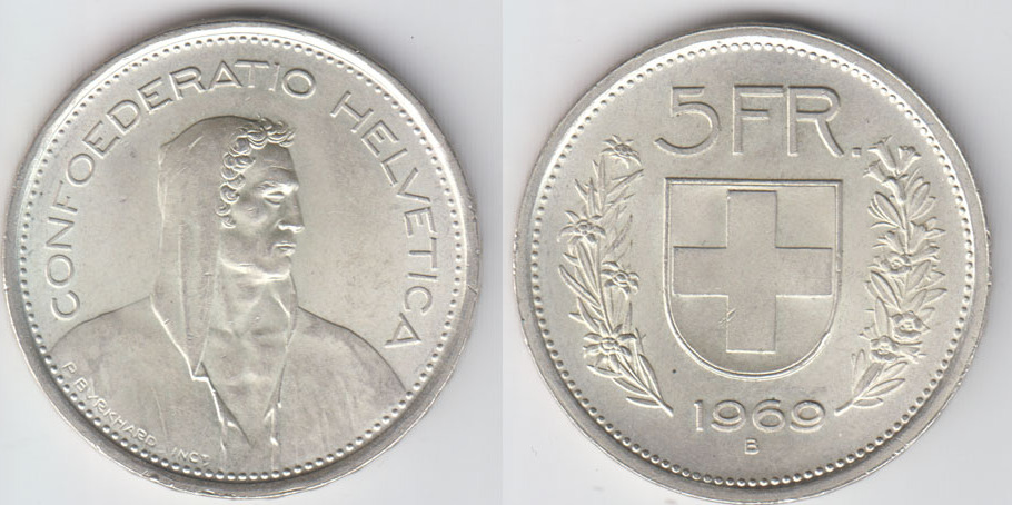 Schweiz, Kursmünze 5 Franken 1969, Silber, Erhaltung siehe Scan! vorzüglich bis stempelglanz ...