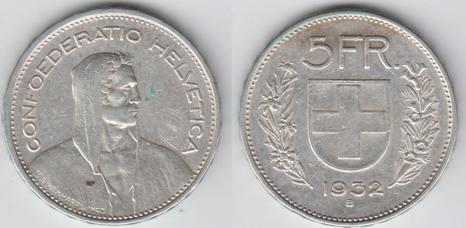 Schweiz, Kursmünze 5 Franken 1932 B, Silber, Erhaltung siehe Scan! sehr schön | MA-Shops