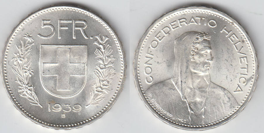 Schweiz, Kursmünze 5 Franken 1939 B, Silber, Erhaltung siehe Scan! vorzüglich bis stempelglanz ...