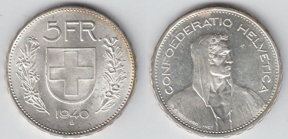 Schweiz, Kursmünze 5 Franken 1940 B, Silber, Erhaltung siehe Scan! vorzüglich bis stempelglanz ...