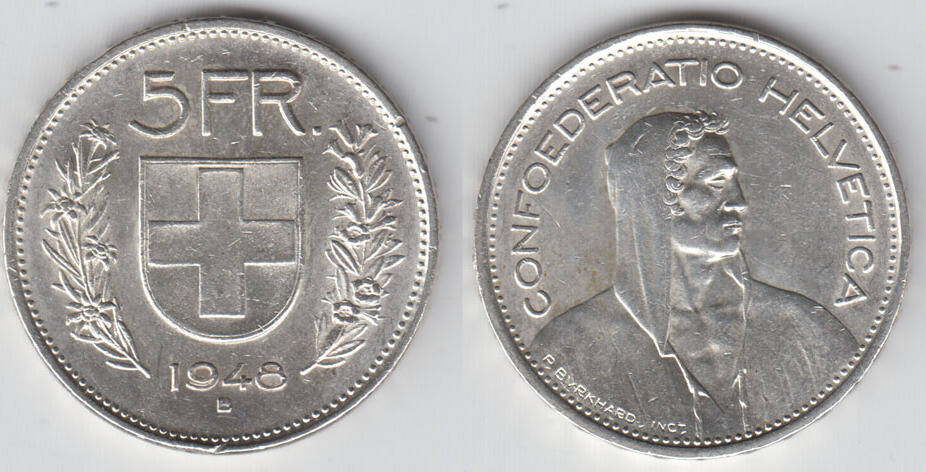 5 Franken Schweiz, Silberkursmünze 1948 Erhaltung siehe Scan! fast vorzüglich | MA-Shops