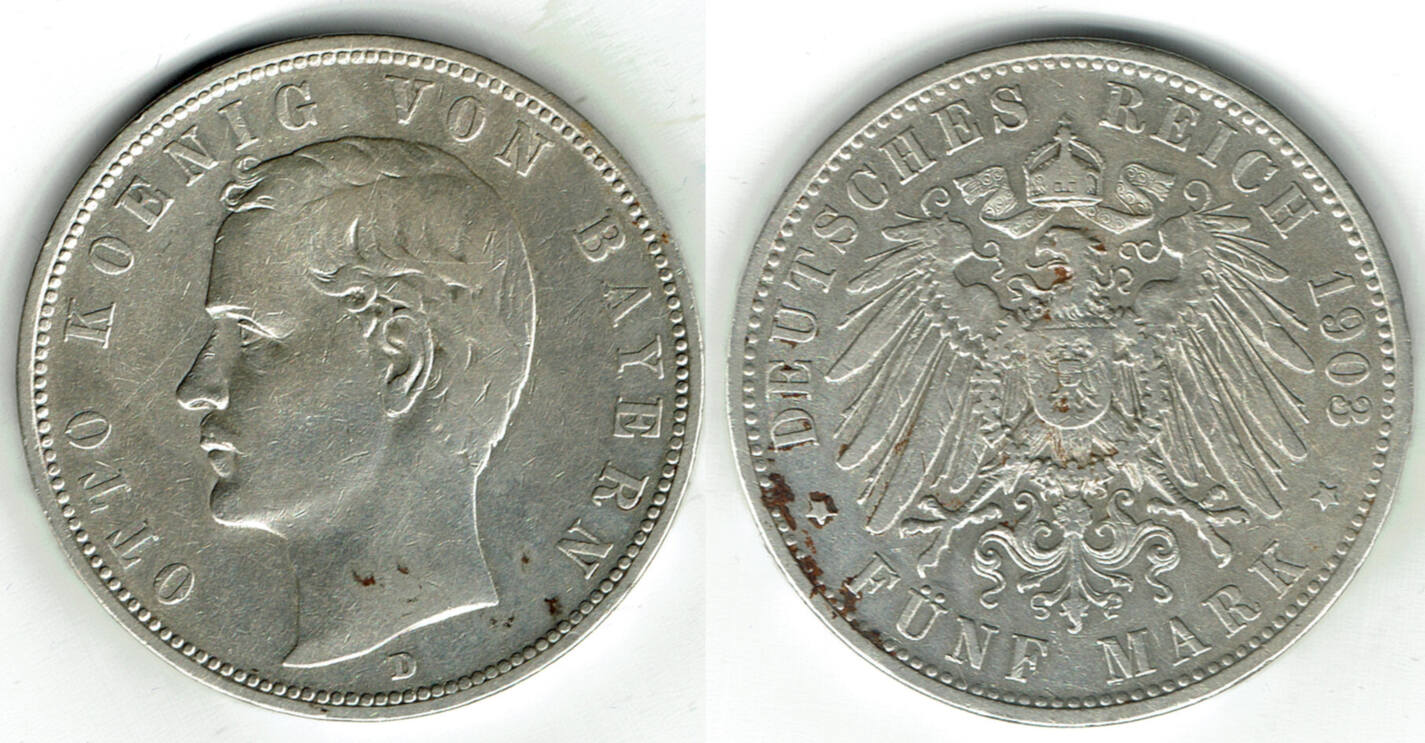Kaiserreich - Bayern Deutsches Kaiserreich, Bayern, König Otto, 5 Mark 1903 D, Silber! sehr ...