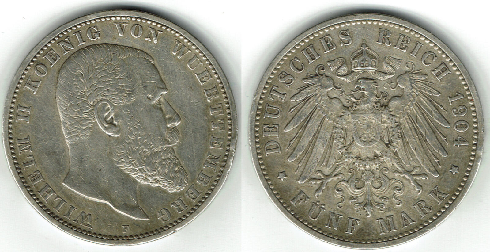 5 Mark Kaiserreich, Württemberg 1904 F, Wilhelm II., Erhaltung siehe Scan! sehr schön, kl ...