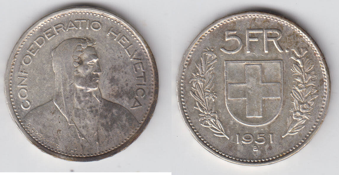 Schweiz, Kursmünze 5 Franken 1953 B, Silber, Erhaltung siehe Scan! sehr schön | MA-Shops