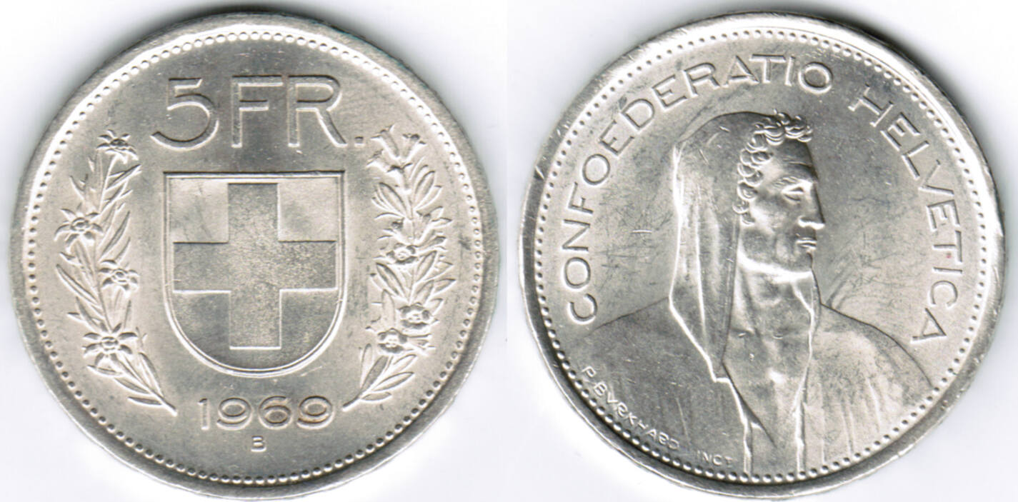 Schweiz, Kursmünze 5 Franken 1969, Silber, Erhaltung siehe Scan! vorzüglich bis stempelglanz, kl ...