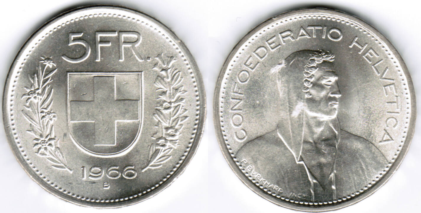 Schweiz, Kursmünze 5 Franken 1966, Silber, Erhaltung siehe Scan! vorzüglich bis stempelglanz ...