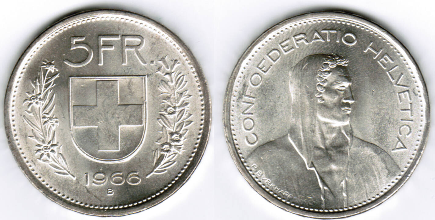 Schweiz, Kursmünze 5 Franken 1966, Silber, Erhaltung siehe Scan! vorzüglich bis stempelglanz ...