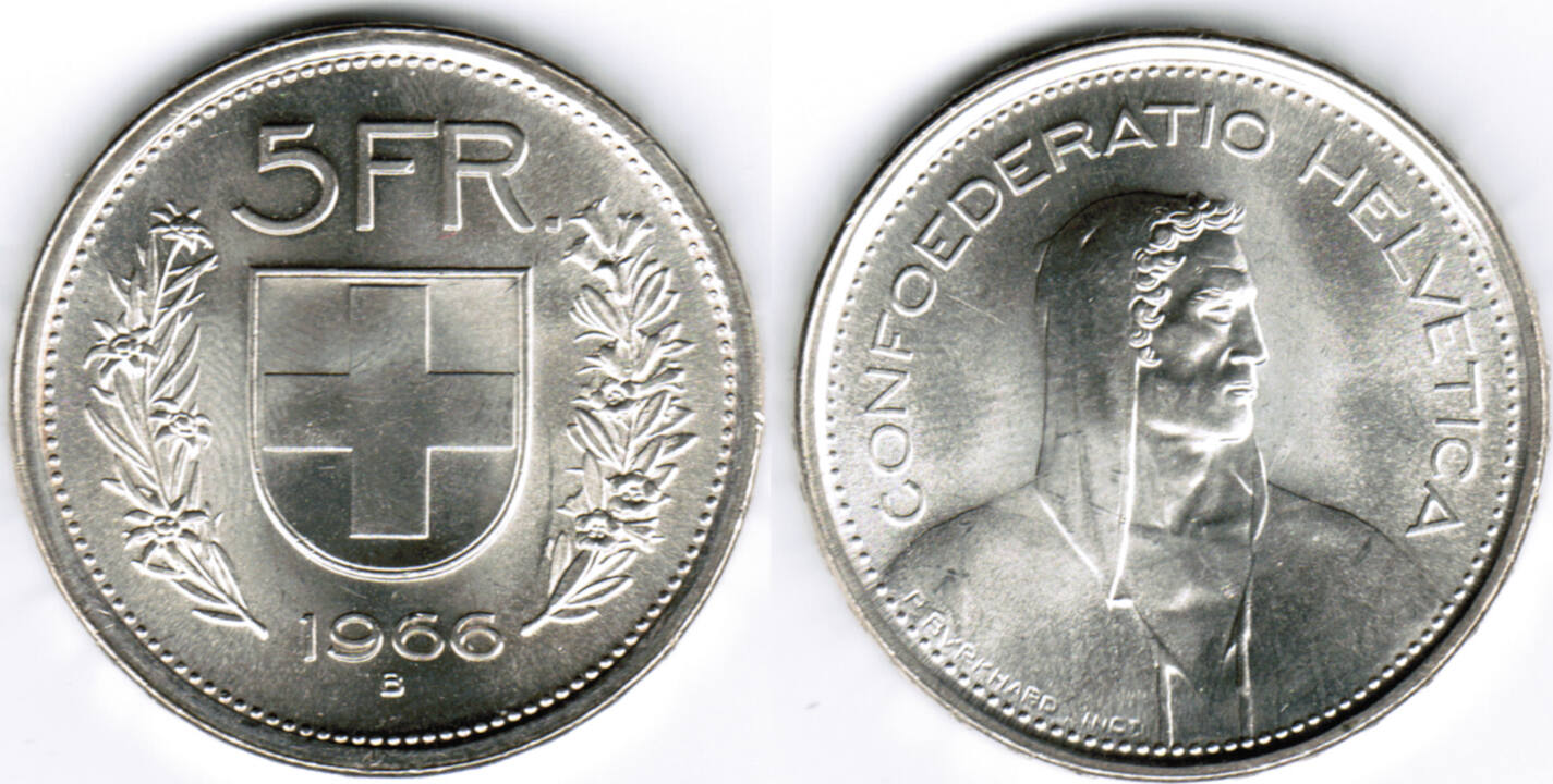 Schweiz, Kursmünze 5 Franken 1966, Silber, Erhaltung siehe Scan! vorzüglich bis stempelglanz ...