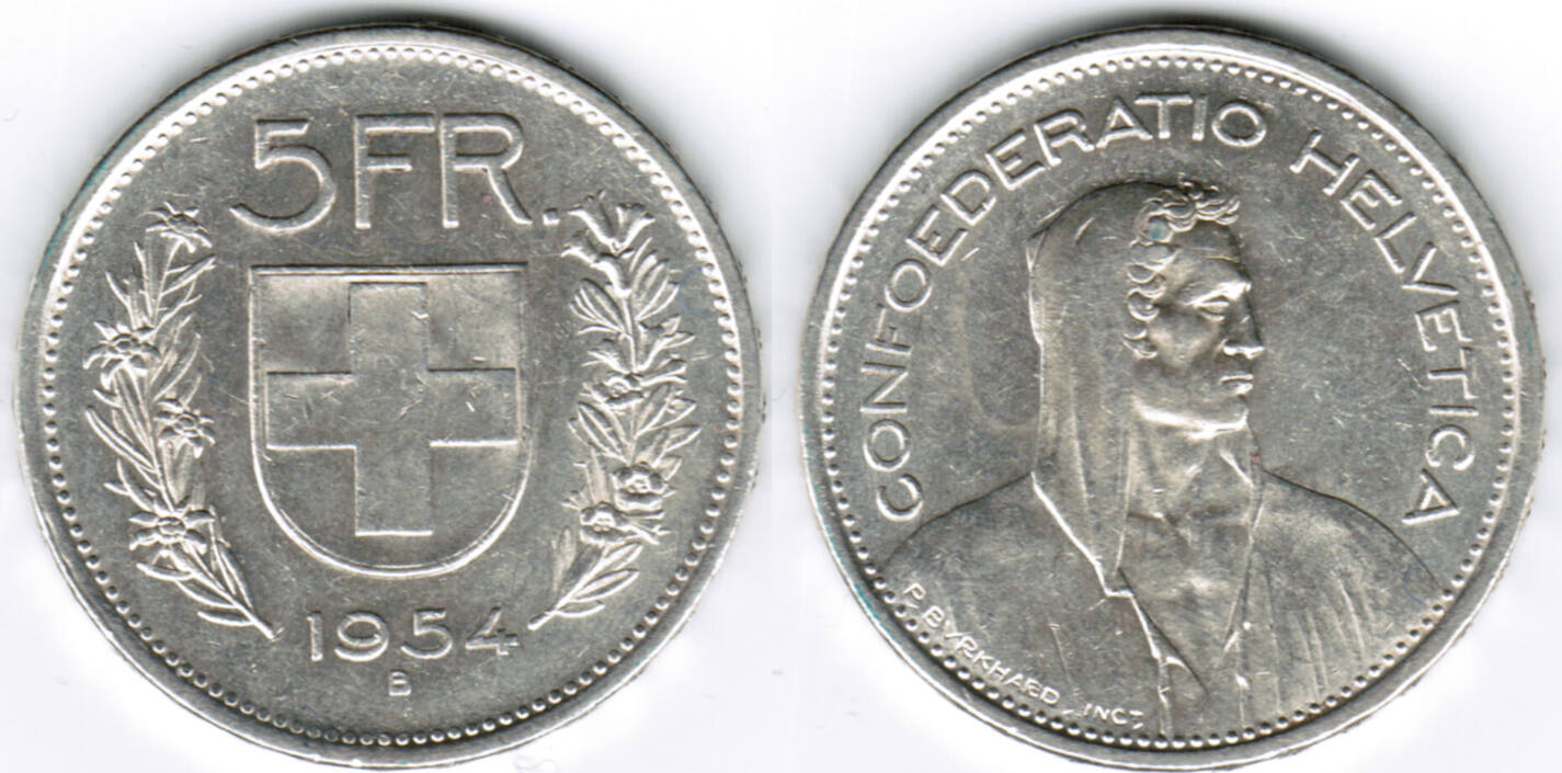 Schweiz, Kursmünze 5 Franken 1954, Silber, Erhaltung siehe Scan! sehr schön bis vorzüglich | MA ...