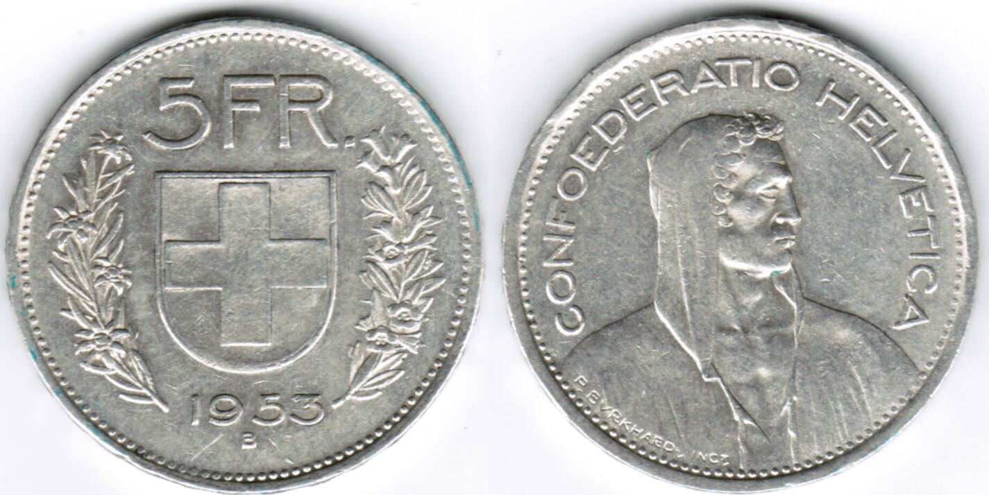Schweiz, Kursmünze 5 Franken 1953, Silber, Erhaltung siehe Scan! sehr schön | MA-Shops