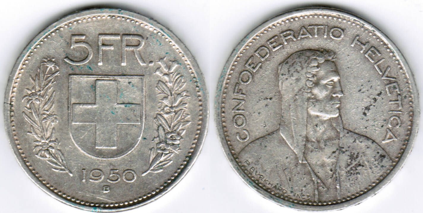 Schweiz, Kursmünze 5 Franken 1950, Silber, Erhaltung siehe Scan! sehr schön | MA-Shops