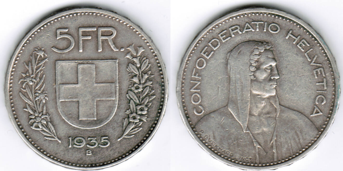 Schweiz, Kursmünze 5 Franken 1935, Silber, Erhaltung siehe Scan! sehr schön | MA-Shops