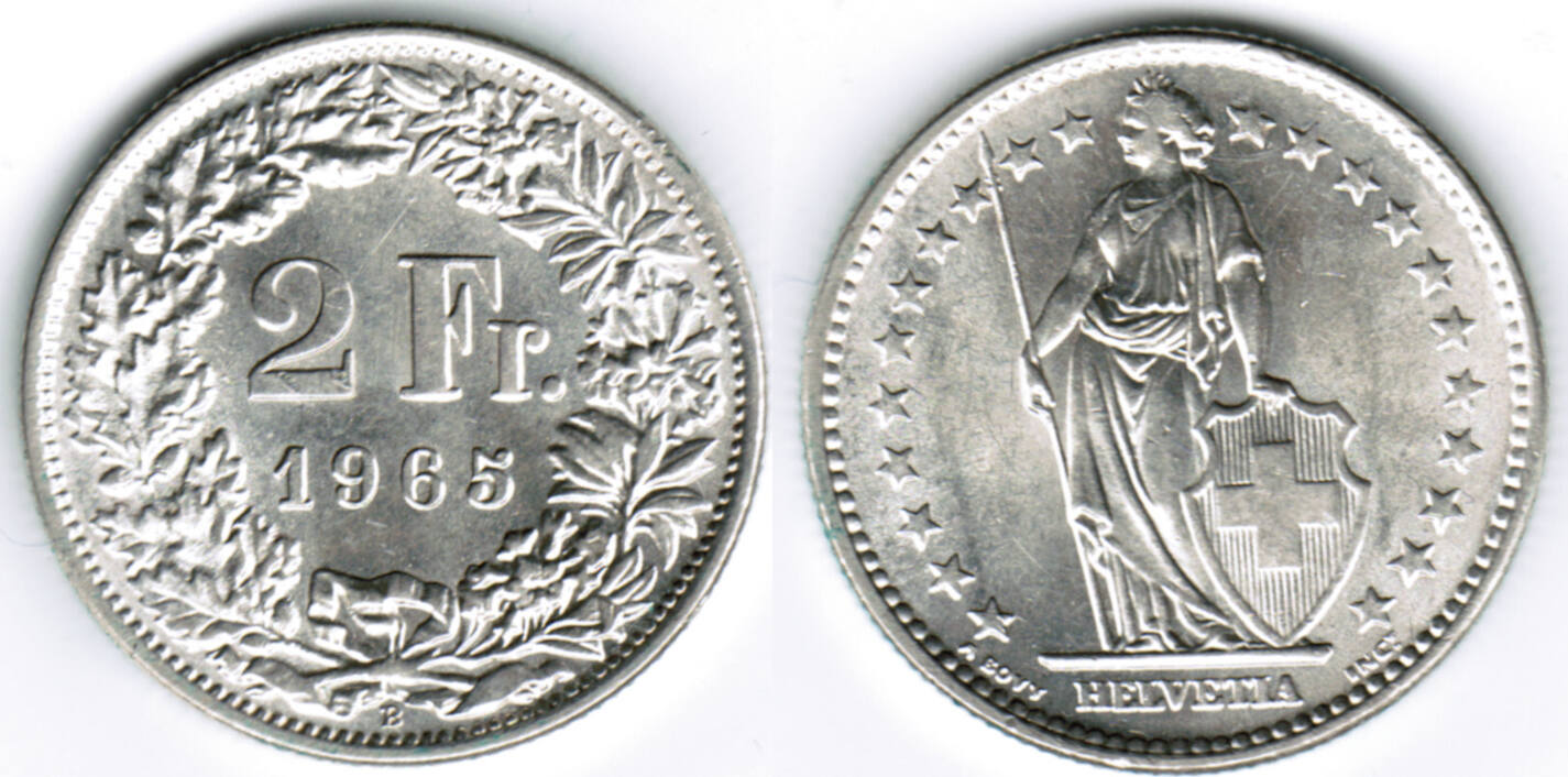 Schweiz, Kursmünze Silber, 2 Franken 1965, Erhaltung siehe Scan! vorzüglich bis stempelglanz ...