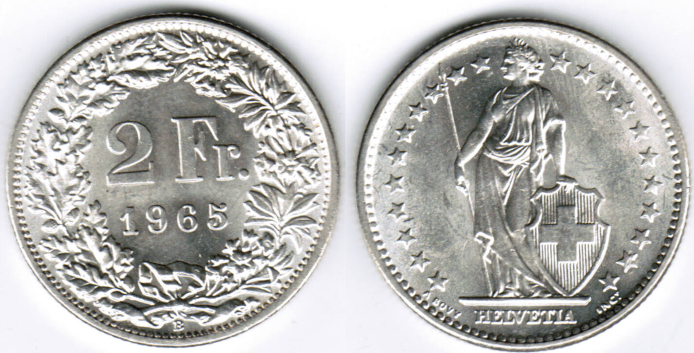 Schweiz, Kursmünze Silber, 2 Franken 1965, Erhaltung siehe Scan! vorzüglich bis stempelglanz ...