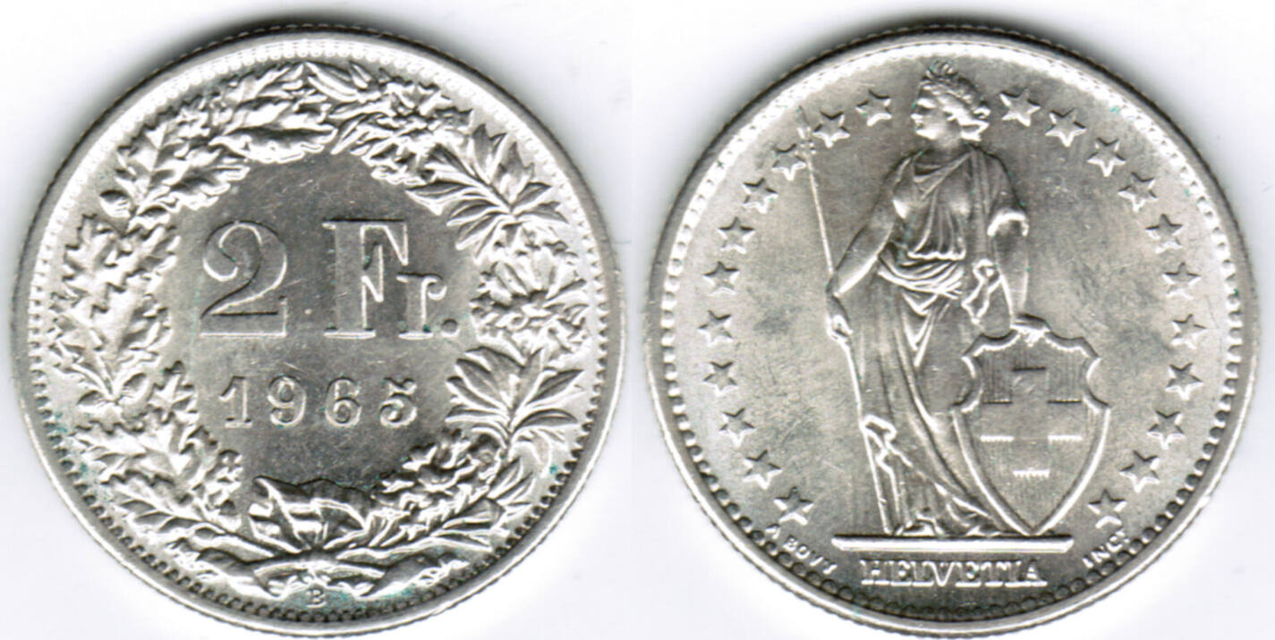 Schweiz, Kursmünze Silber, 2 Franken 1965, Erhaltung siehe Scan! vorzüglich bis stempelglanz ...