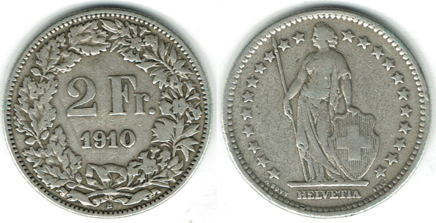 Schweiz, Kursmünze Silber, 2 Franken 1910, Erhaltung siehe Scan! sehr schön | MA-Shops