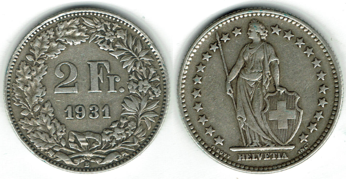 Schweiz, Kursmünze Silber, 2 Franken 1931, Erhaltung siehe Scan! sehr schön | MA-Shops