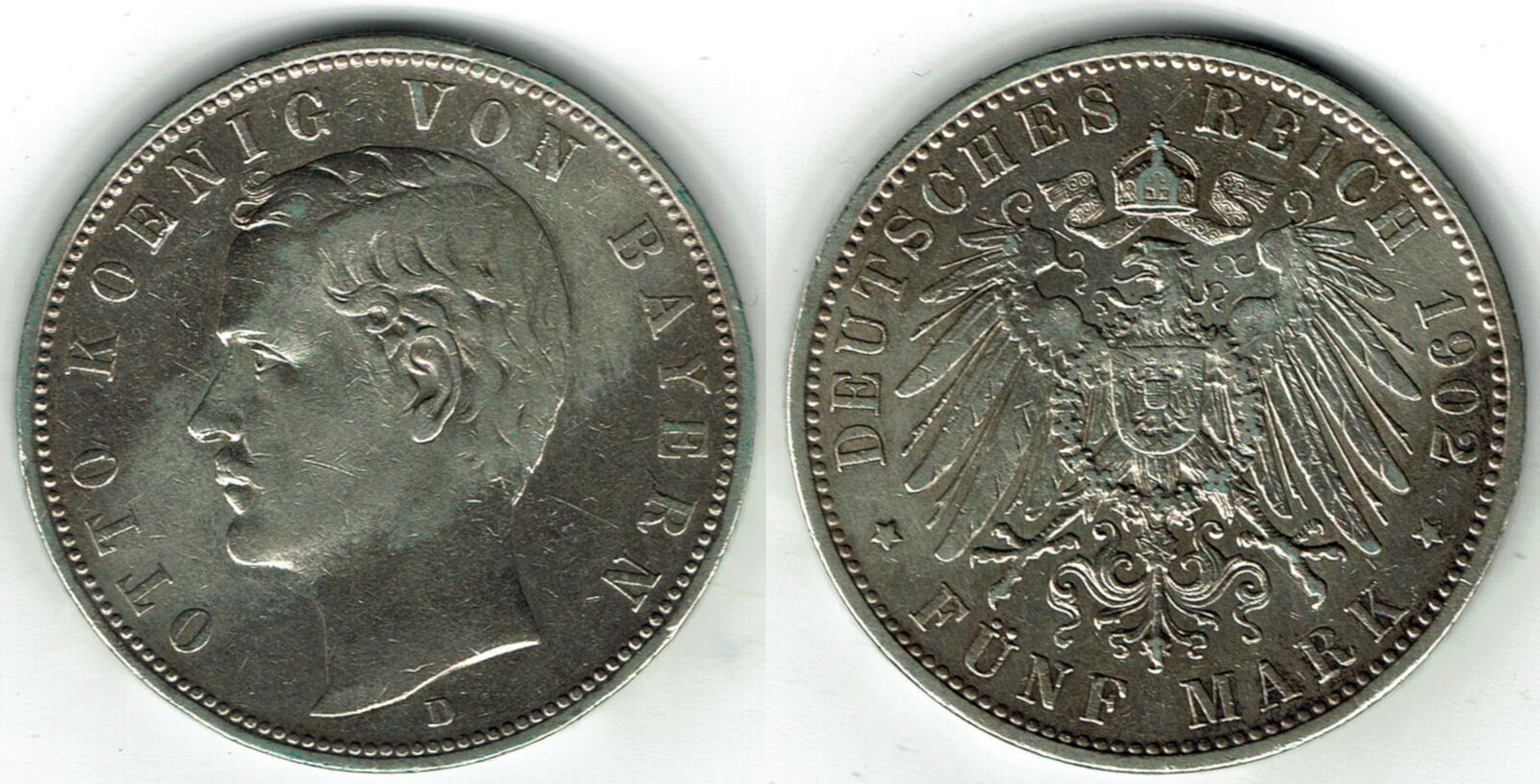 Kaiserreich - Bayern 1902 D Deutsches Kaiserreich, Bayern, König Otto, 5 Mark 1907 D, Silber ...