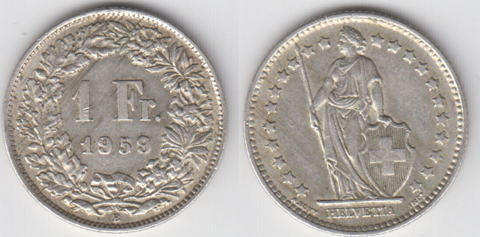 1959 Schweiz, Kursmünze Silber, 1 Franken, Erhaltung siehe Scan! vorzüglich | MA-Shops