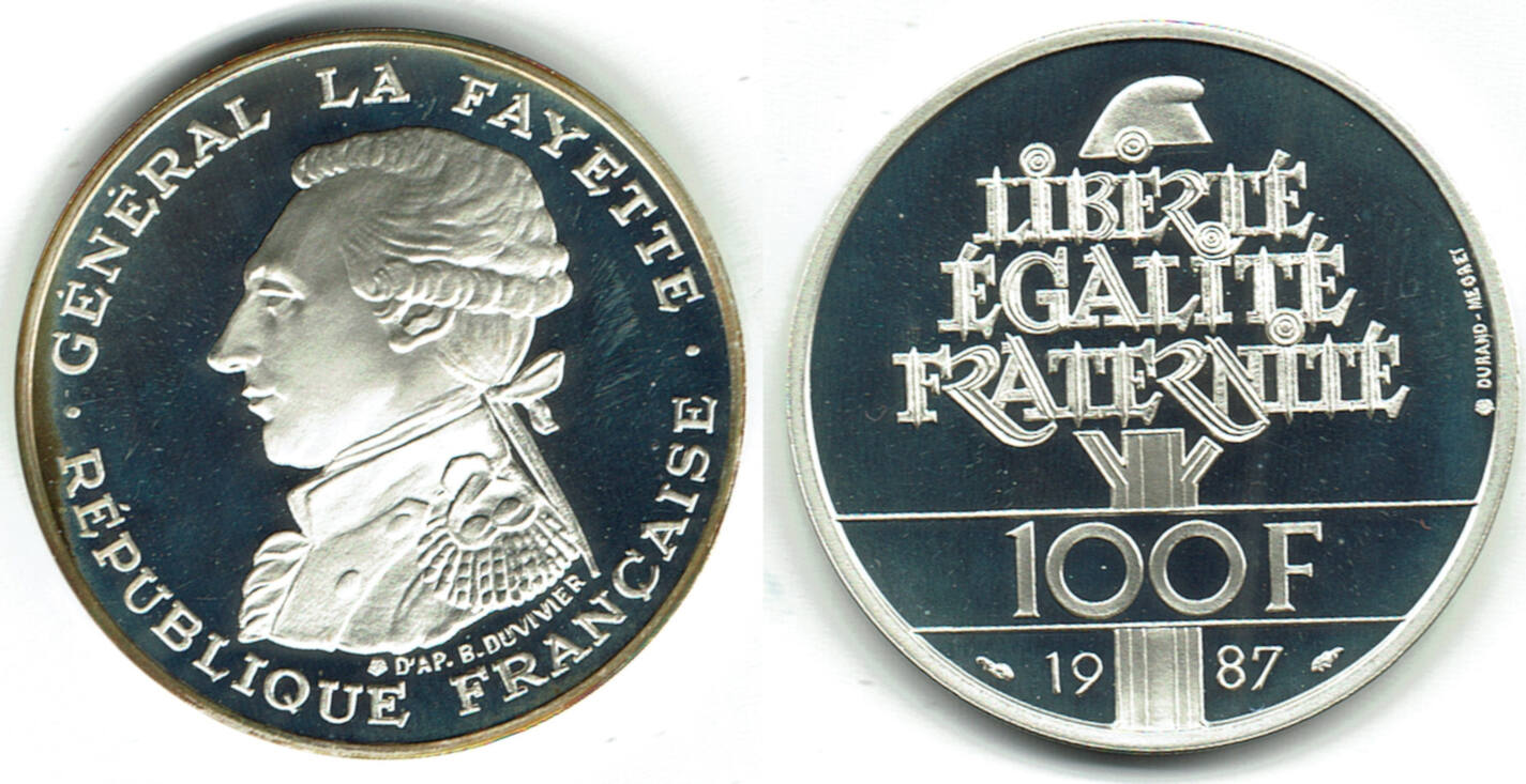 1992 Frankreich, Silbermünze 100 Francs La Fayette, siehe Scan Polierte ...