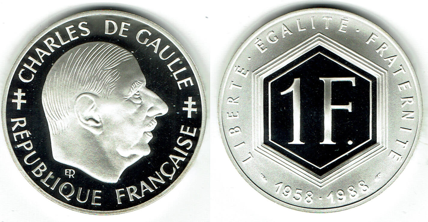 1 Franc Frankreich Gedenkmünze 1988 Charles de Gaulle, Silber, siehe ...