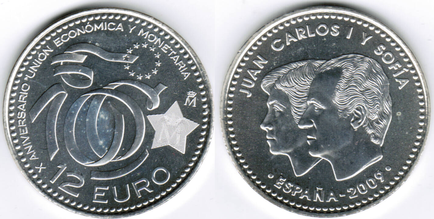 12 Euro Spanien 2009, 12-Euro-Gedenkmünze 10 Jahre WWU, 925er Silber ...