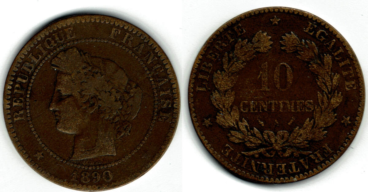 Frankreich, 10 Centimes, 1890, Ceres, Erhaltung siehe Scan! sehr schön ...