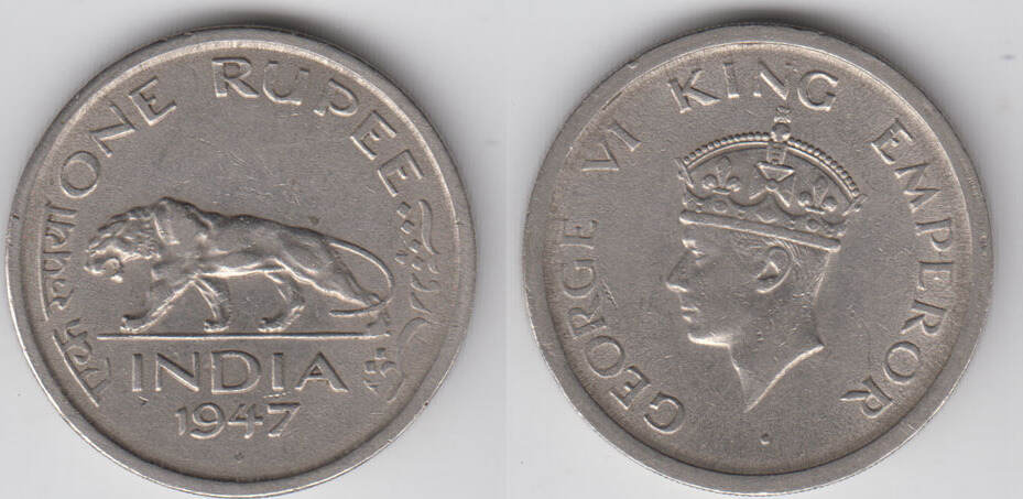 1 Rupie (1 Rupee) Britsch Indien 1947, 1 Rupie, König George VI ...