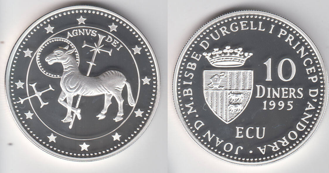 10 Dinar (10 Diners) Andorra 1995, 10 Dinar, Agnus Dei., PP Polierte ...