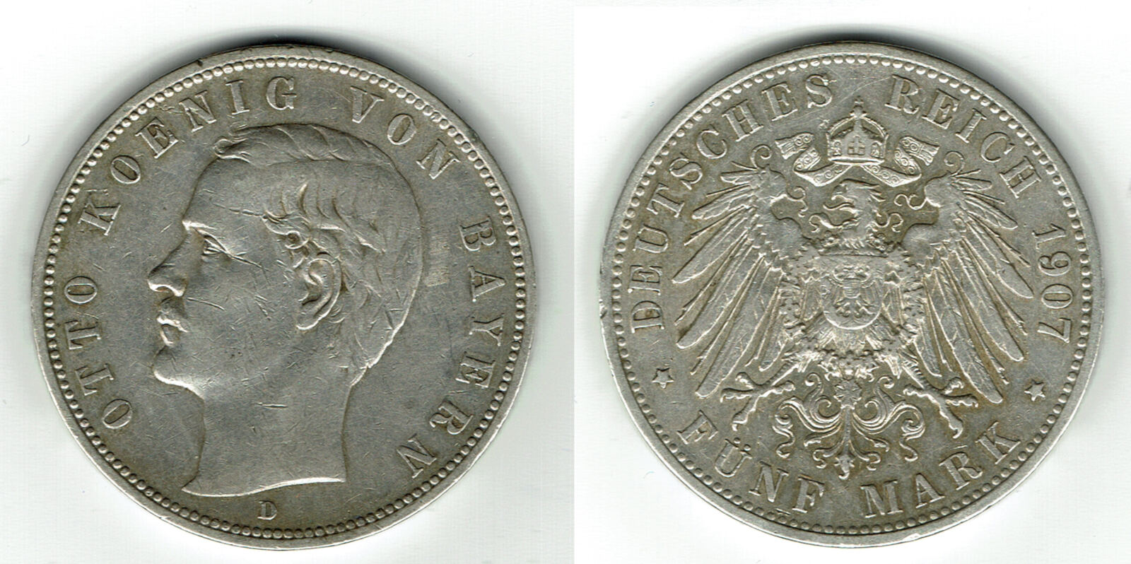 Kaiserreich - Bayern Deutsches Kaiserreich, Bayern, König Otto, 5 Mark 1907 D, Silber! sehr ...