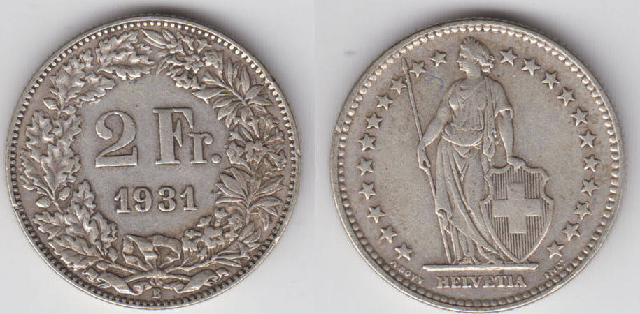 Schweiz, Kursmünze Silber, 2 Franken 1931 B, Erhaltung siehe Scan! sehr schön | MA-Shops