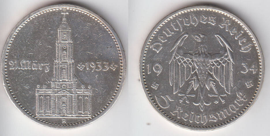 Drittes Reich, 5 Reichsmark 1934 A, Garnisonskirche Potsdam mit Datum ...