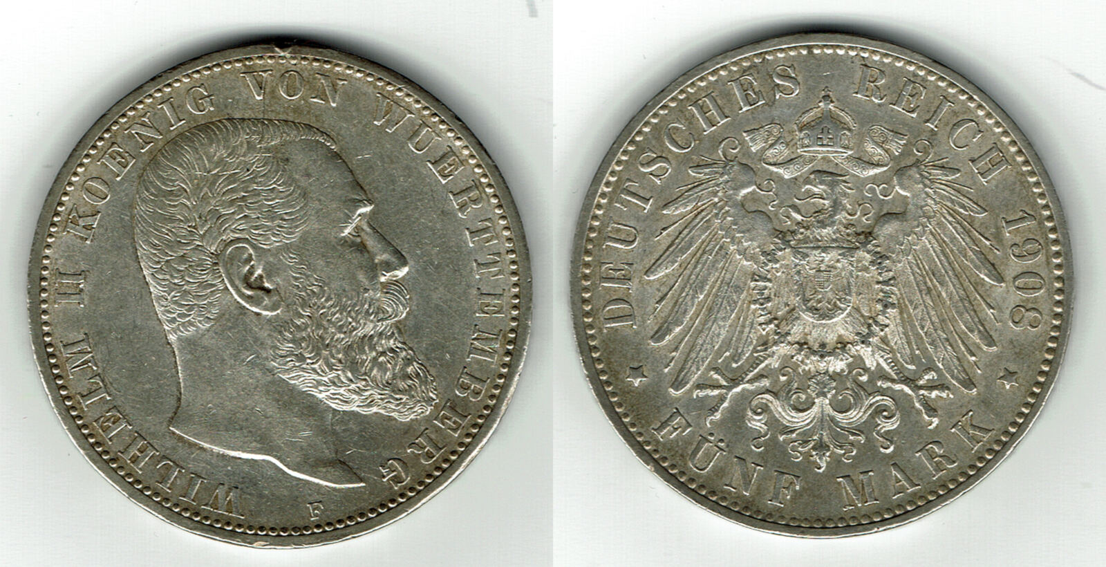 5 Mark Kaiserreich, Württemberg 1908 F, Wilhelm II., Erhaltung siehe Scan! sehr schön | MA-Shops