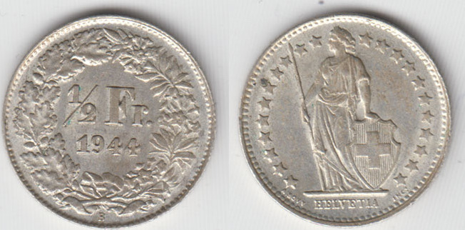Schweiz, Kursmünze Silber, 1/2 Franken 1944, Erhaltung siehe Scan! sehr schön bis vorzüglich ...