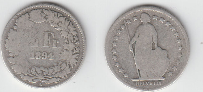 Schweiz, Kursmünze Silber, 1/2 Franken 1894, Erhaltung siehe Scan! schön | MA-Shops