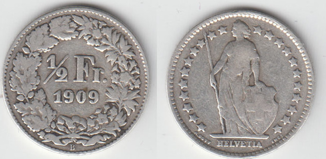 Schweiz, Kursmünze Silber, 1/2 Franken 1909, Erhaltung siehe Scan! fast sehr schön | MA-Shops