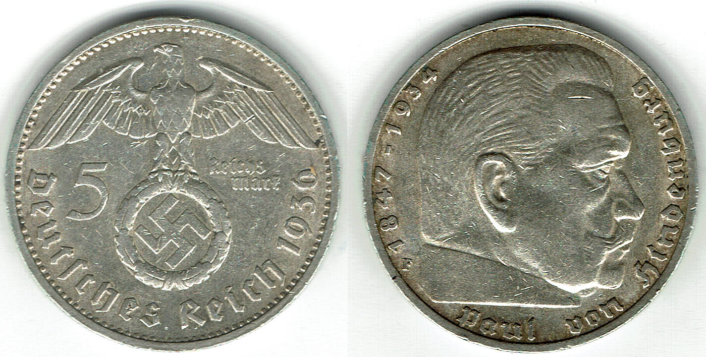 Drittes Reich, 5 Reichsmark 1936 F, Hindenburg mit HK, 13,89 g 900er ...