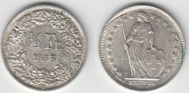 Schweiz, Kursmünze Silber, 1/2 Franken 1955, Erhaltung siehe Scan! vorzüglich | MA-Shops