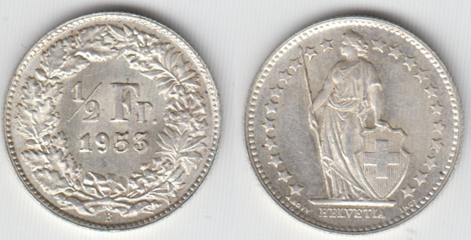 Schweiz, Kursmünze Silber, 1/2 Franken 1953, Erhaltung siehe Scan! vorzüglich | MA-Shops
