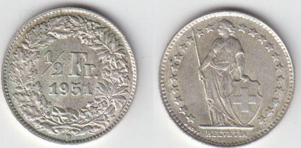 Schweiz, Kursmünze Silber, 1/2 Franken 1951, Erhaltung siehe Scan! vorzüglich | MA-Shops