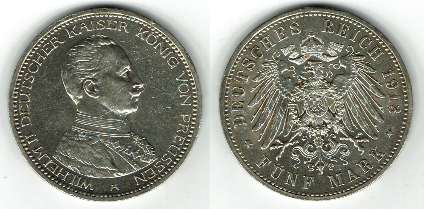 Preußen 5 Mark 1913 A, Wilhelm II. in Uniform, Erhaltung siehe Scan! sehr schön / sehr schön bis ...