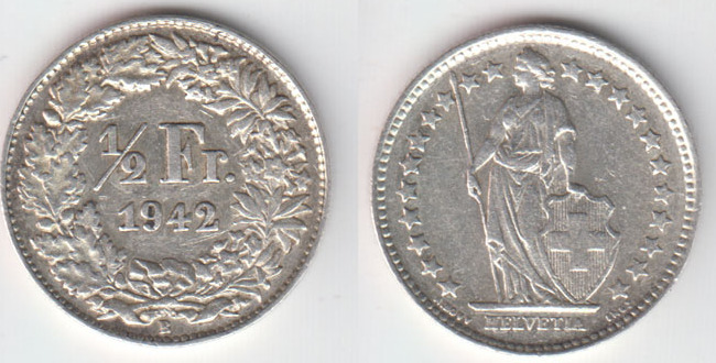 Schweiz, Kursmünze Silber, 1/2 Franken 1942, Erhaltung siehe Scan! sehr schön | MA-Shops
