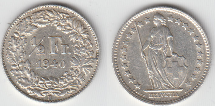 Schweiz, Kursmünze Silber, 1/2 Franken 1940 B, Erhaltung siehe Scan! sehr schön bis vorzüglich ...