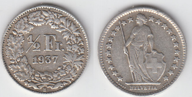 Schweiz, Kursmünze 1/2 Franken 1937 B, Silber, Erhaltung siehe Scan! sehr schön | MA-Shops