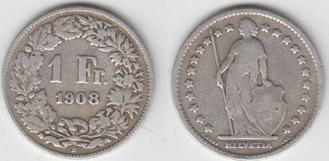 1908 Schweiz, Kursmünze Silber, 1 Franken, Erhaltung siehe Scan! sehr schön | MA-Shops